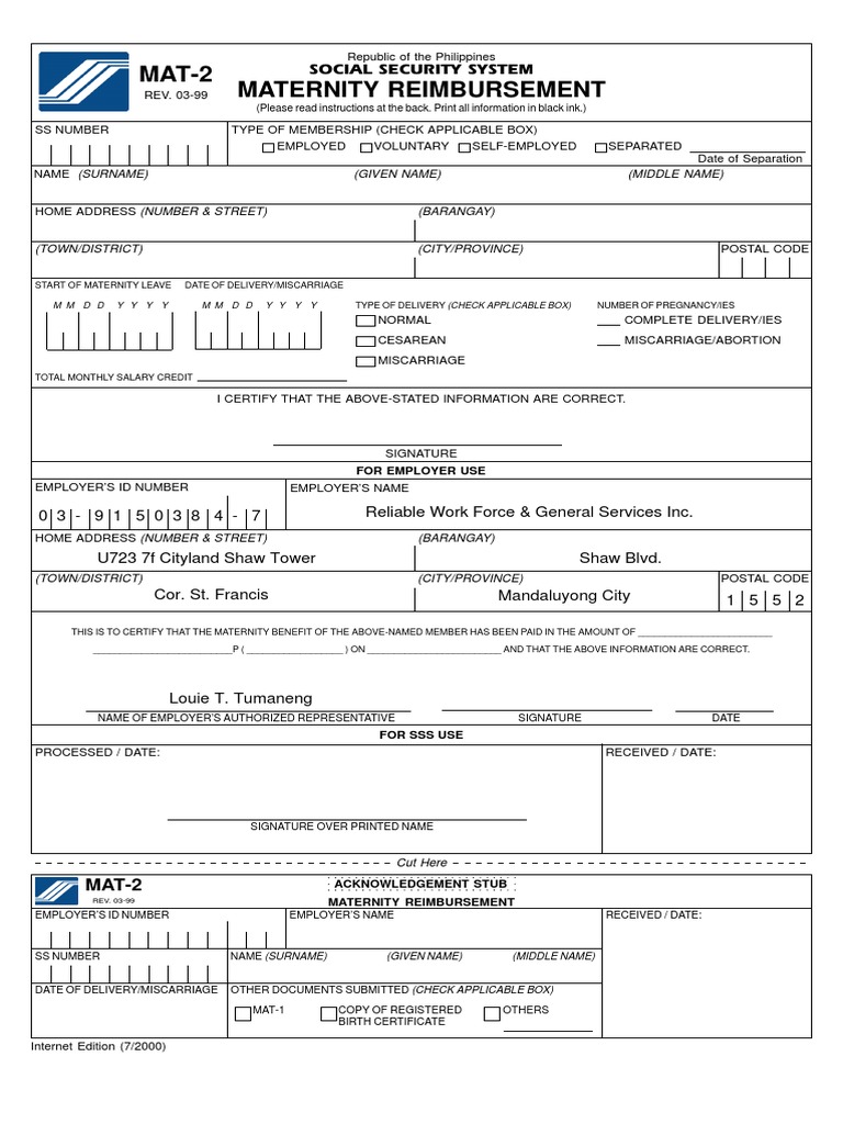 MAT-2 Maternity Reimbursement: Social Security System | PDF ...