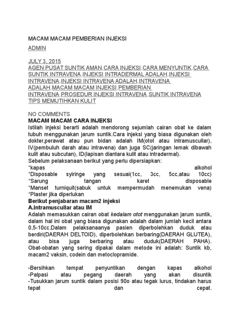 Jenis-Jenis Injeksi Medis dan Prosedurnya | PDF