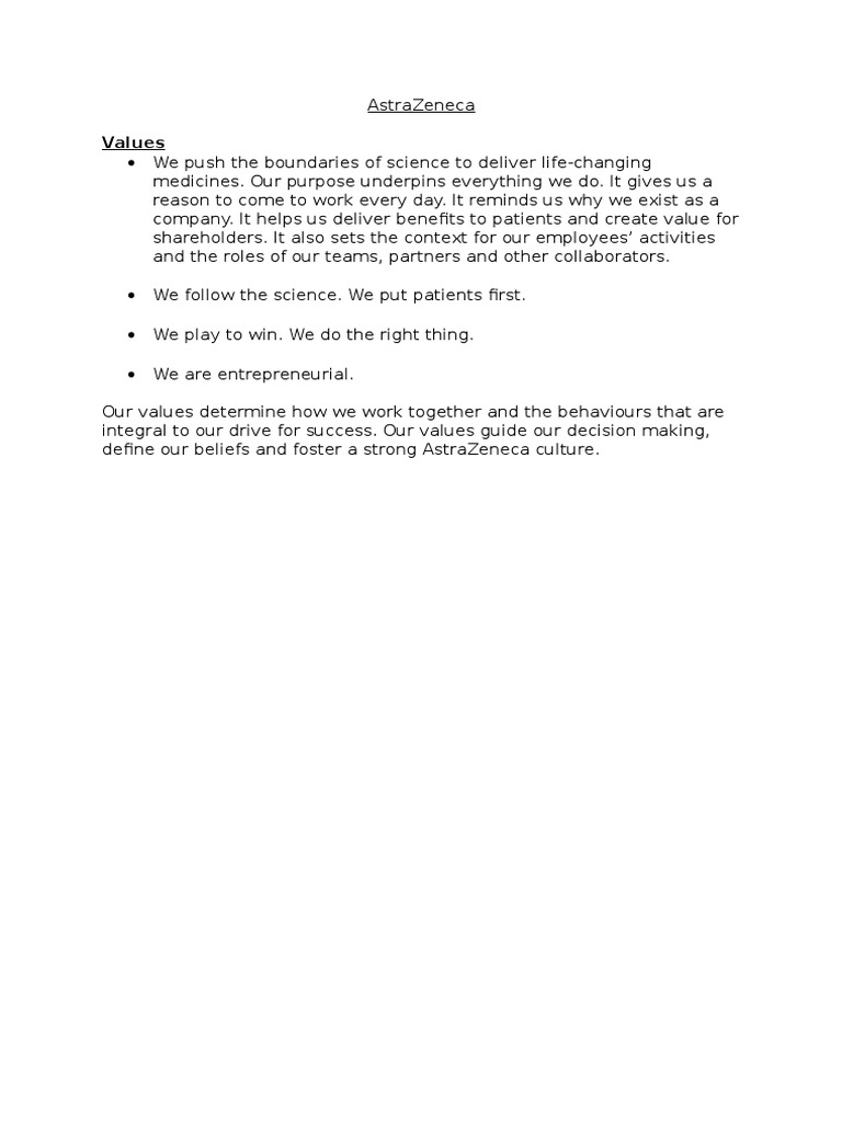 AstraZeneca Values | PDF | Cognitive Science | Psychological Concepts