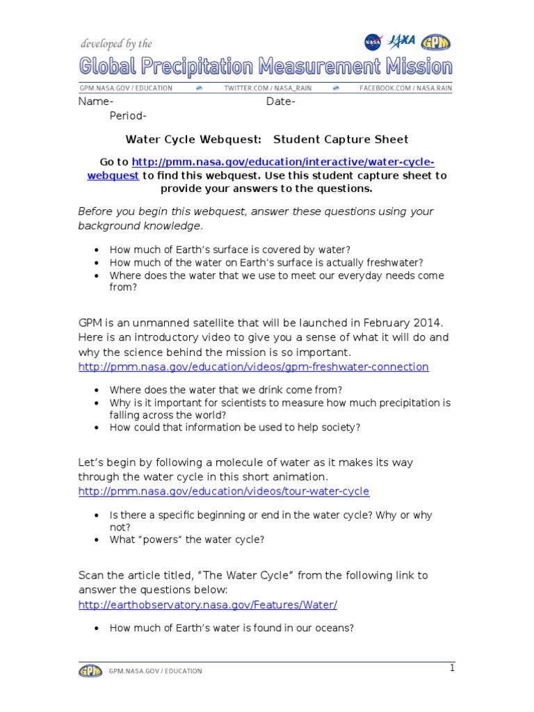 Water Cycle Webquest Capture Sheet | PDF | Water Cycle | Evaporation