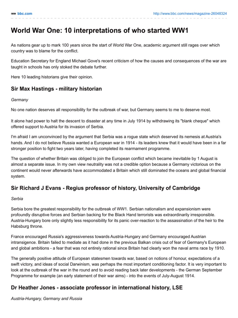 WW1 Blame: 10 Historians' Views | PDF | Austria Hungary | World War I