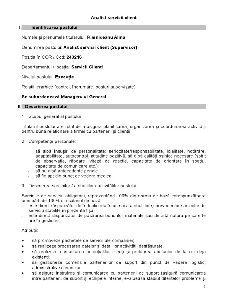 Fisa Postului Pentru Analist Servicii Client | PDF