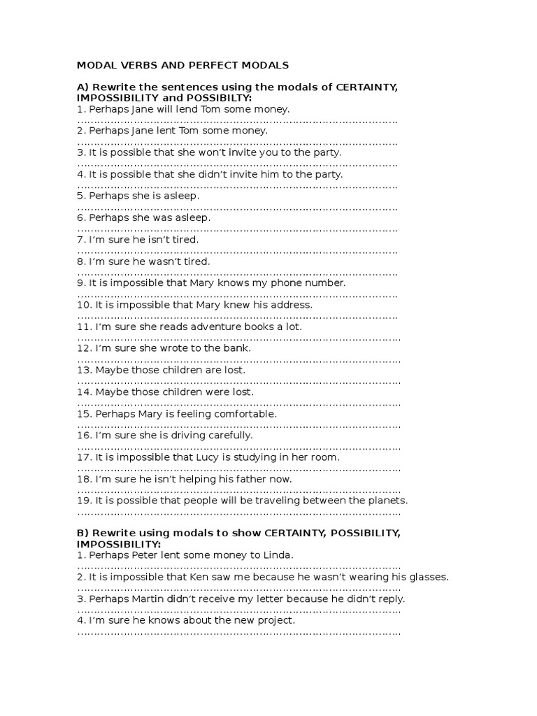 Modal Verbs and Perfect Modals Exercises | PDF | Leisure