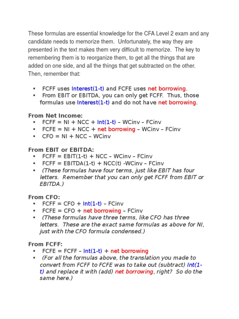 CFA Level 2 Formulas for FCFF, FCFE, NI, EBIT, CFO | PDF