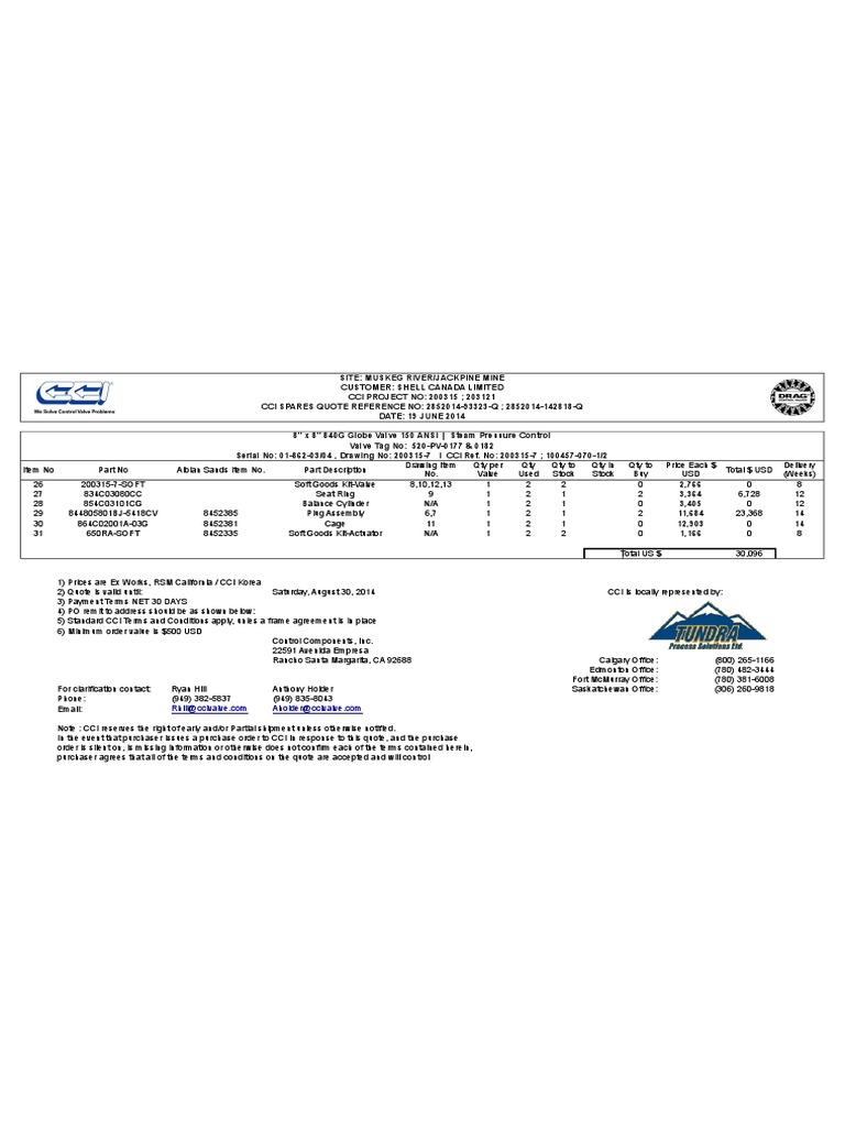 CCI Valve Spares Quote for Shell Canada | PDF