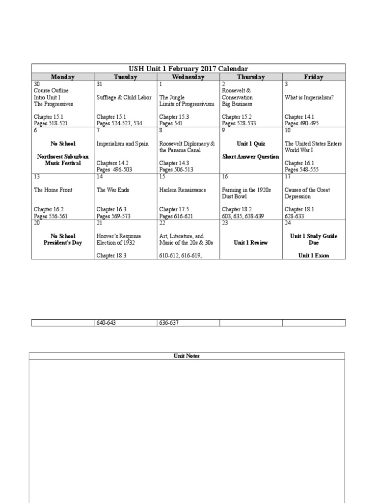 Ush Unit 1 Calendar 2017 | PDF