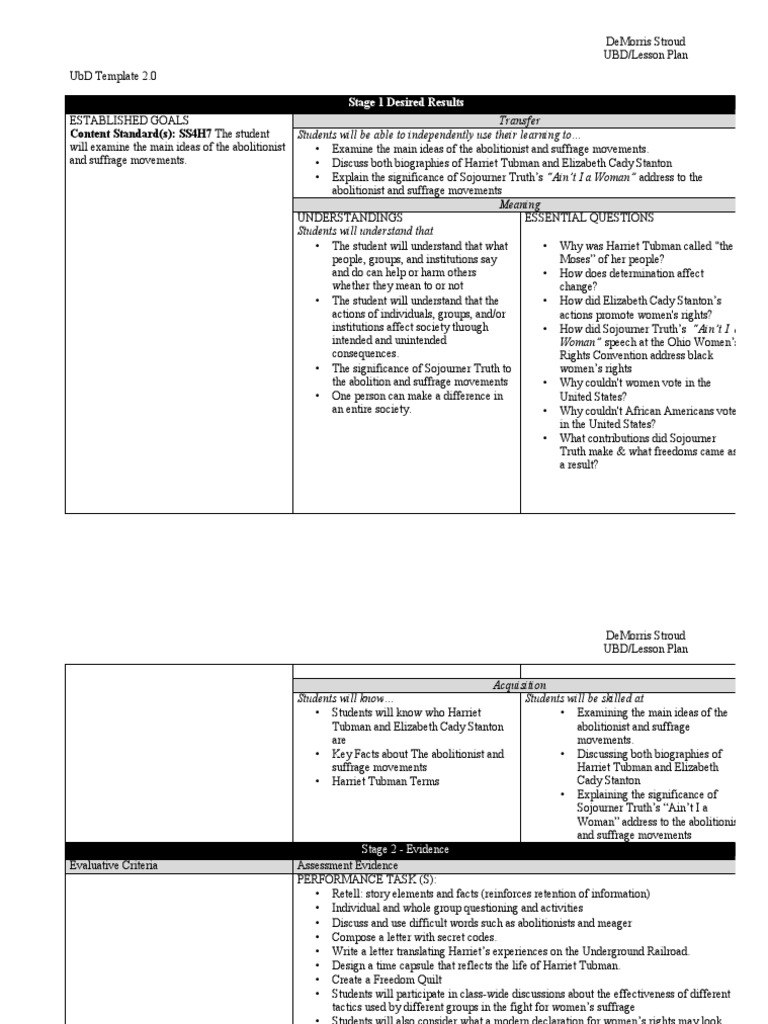 Lesson Plan Abolitionist UBD 4th | PDF | Harriet Tubman | Fugitive ...