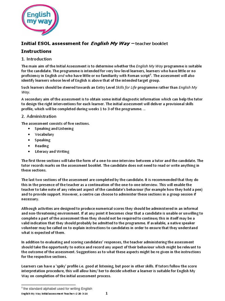 English My Way Initial Assessment Teacher | PDF | Educational ...