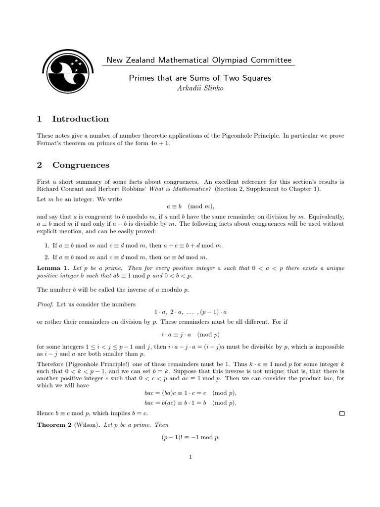 New Zealand Mathematical Olympiad Committee Primes That Are Sums of Two Squares | PDF | Prime ...