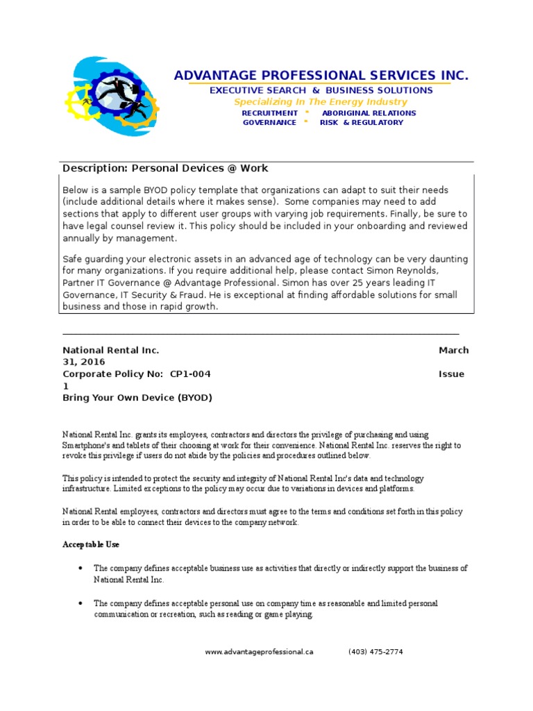 BYOD Sample Policy | Mobile App | Android (Operating System) | Free 30 ...