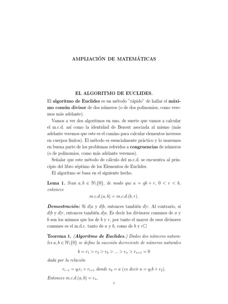 Algoritmo de Euclides | PDF | Algoritmos | Teoría de los números