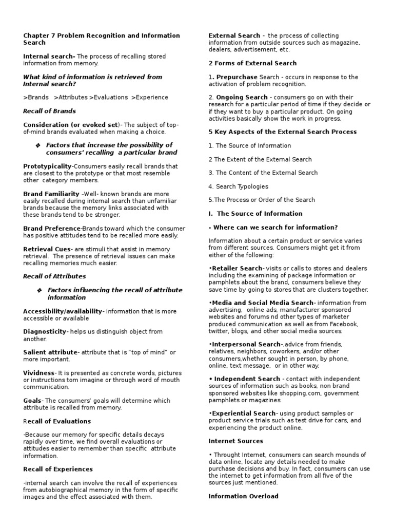 Problem Recognition and Information Search | PDF | Recall (Memory) | Brand