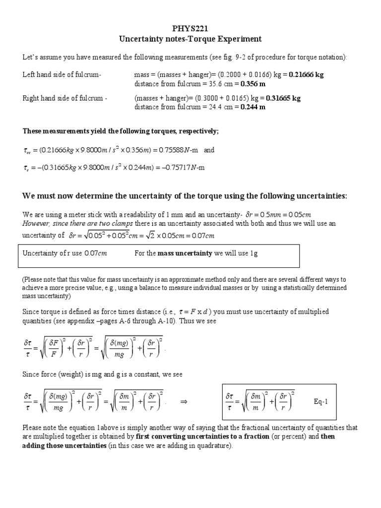 PHYS221 Uncertainty Notes-Torque Experiment: These Measurements Yield ...