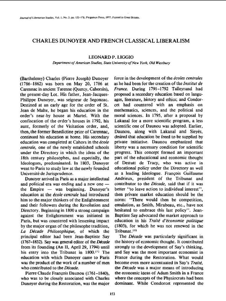 Charles Dunoyer and French Classical Liberalism - Leonard Liggio | PDF ...