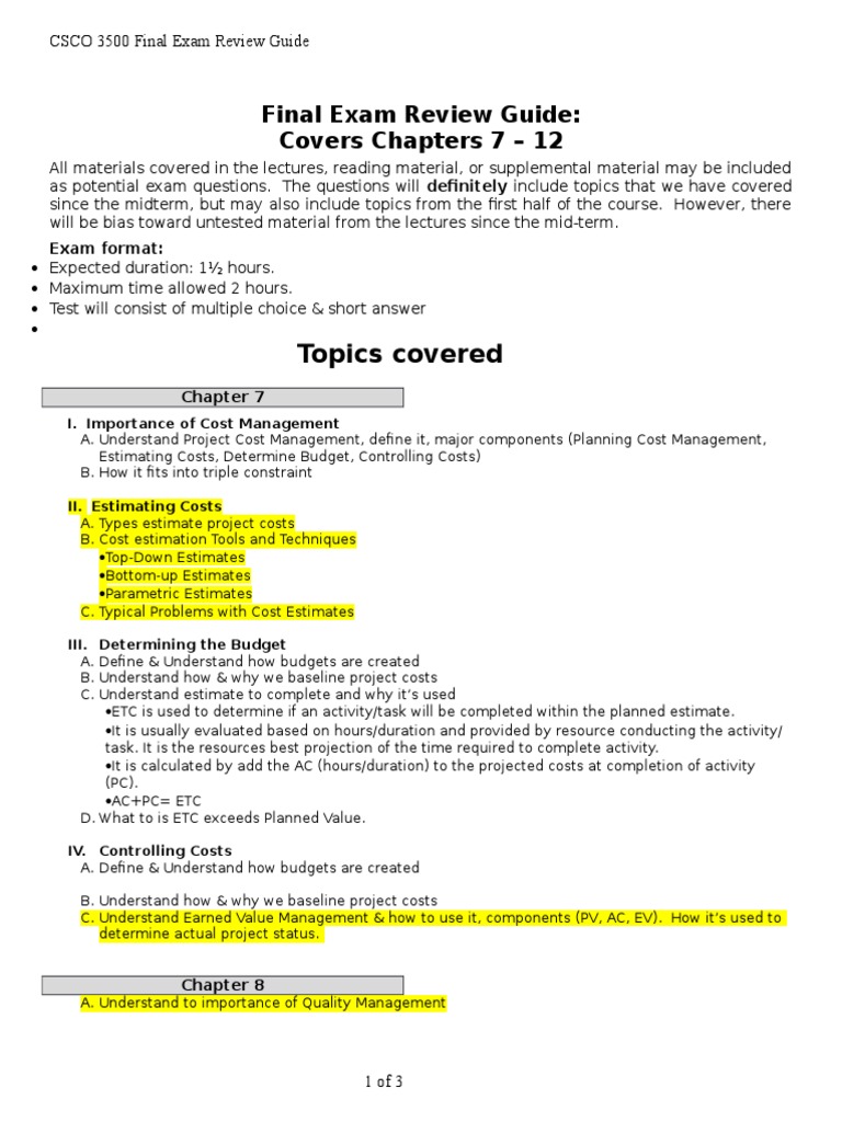 Topics Covered: Final Exam Review Guide: Covers Chapters 7 - 12 | PDF ...