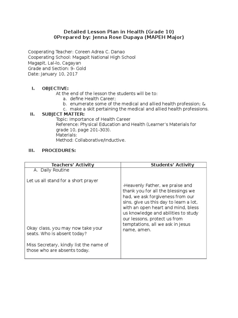 Health Career (01!10!17) | PDF | Lesson Plan | Health Care