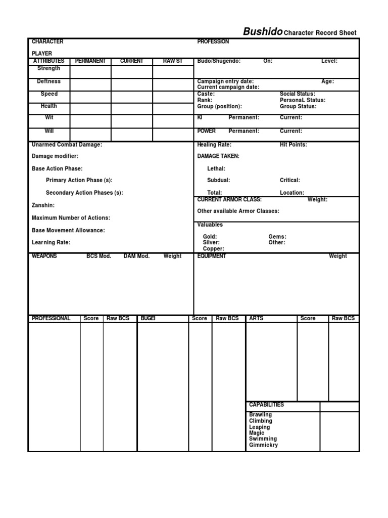Bushido Character Sheet | PDF
