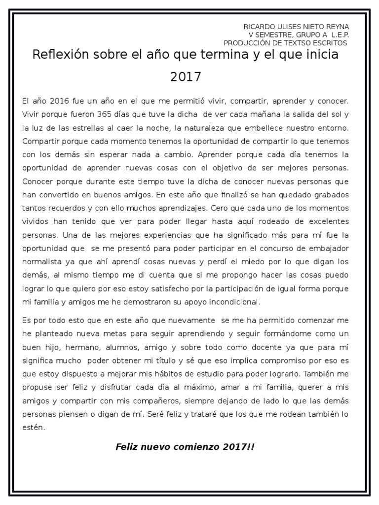 Reflexión Sobre El Año Que Termina y El Que Inicia 2017 | PDF