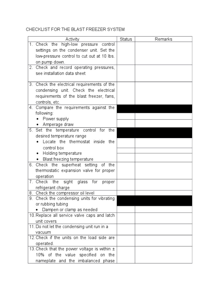 Blast Freezer Maintenance Checklist | PDF