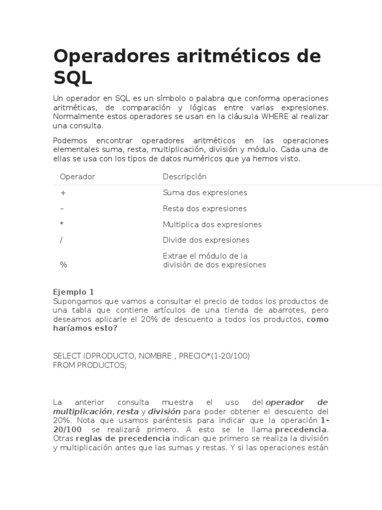 Operadores Aritméticos en SQL | PDF