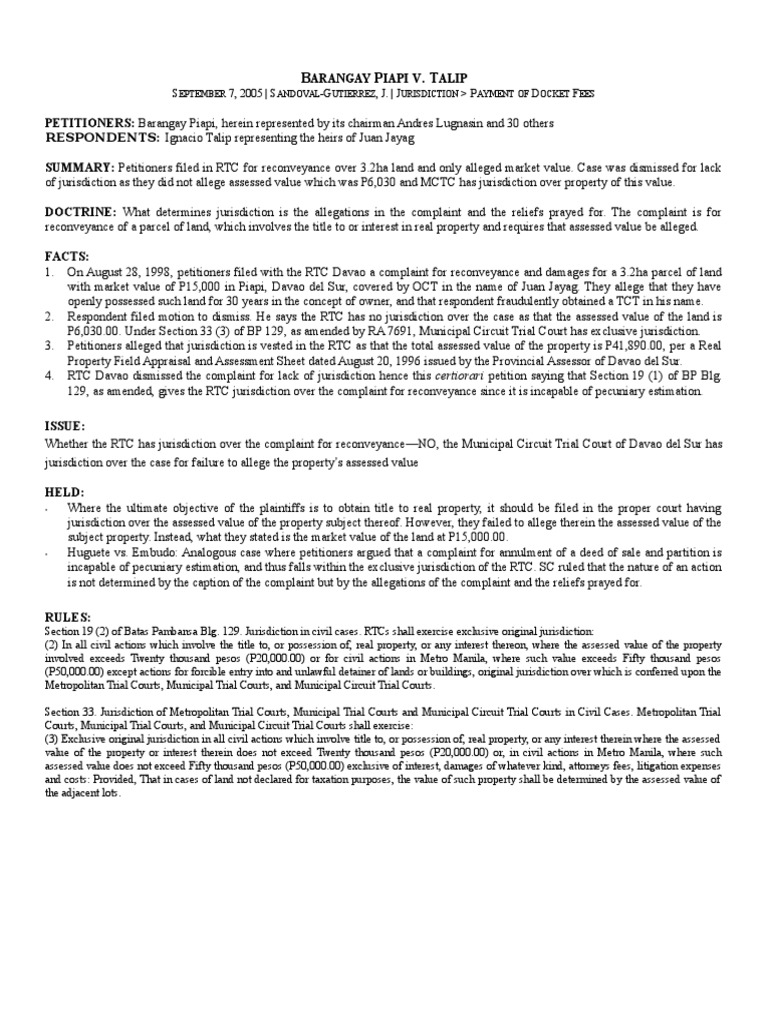 Barangay Piapi v. Talip | PDF | Complaint | Lawsuit