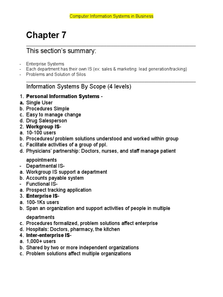 This Section's Summary:: Information Systems by Scope (4 Levels) | PDF ...