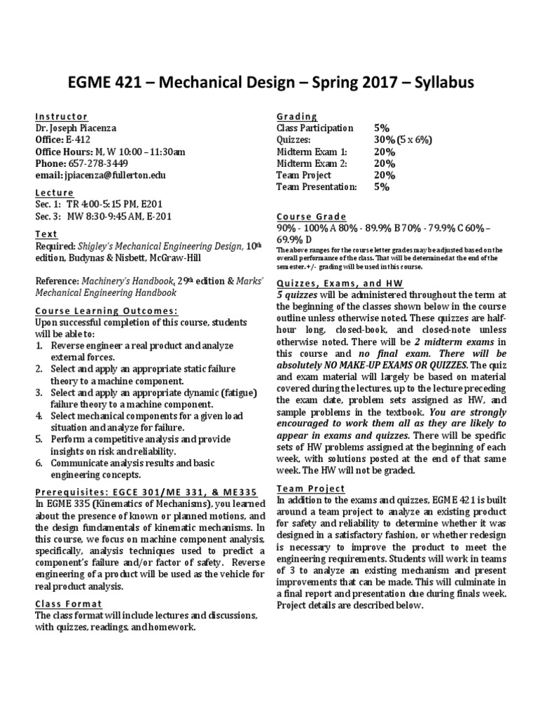 Syllabus ME421 Spring2017 | PDF | Failure Analysis | Academic Dishonesty
