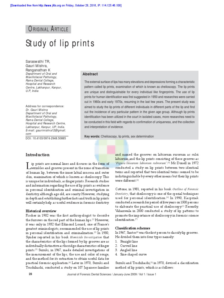 Study of Lip Prints | PDF | Forensic Science | Lip