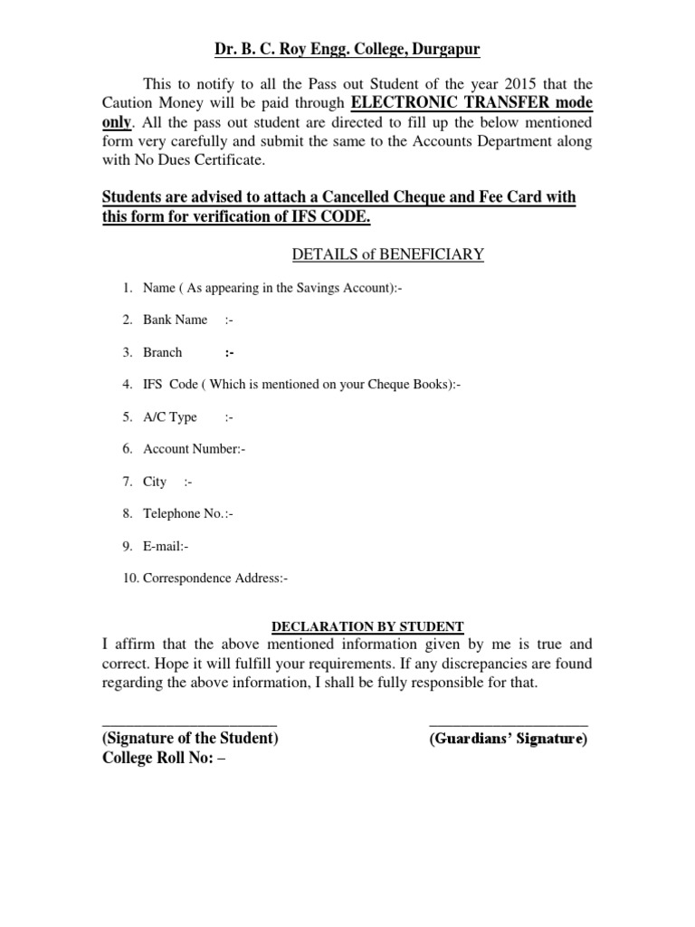 Request for Student Banking Details and No Dues Certificate Form for ...