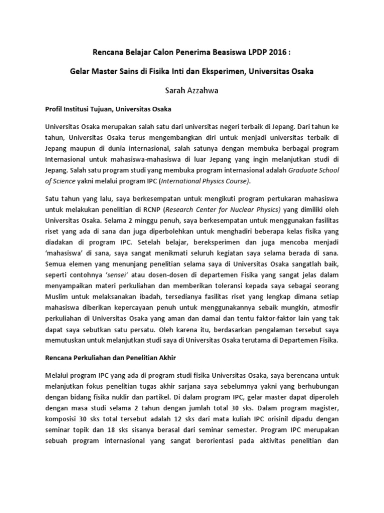 Contoh Rencana Belajar Calon Penerima Beasiswa | PDF