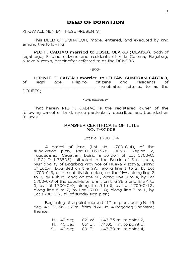 Deed of Donation Cabiao | PDF | Law And Economics | Justice