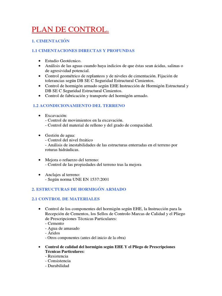 Ejemplo Plan de Control | PDF | Fundación (Ingeniería) | Calidad ...