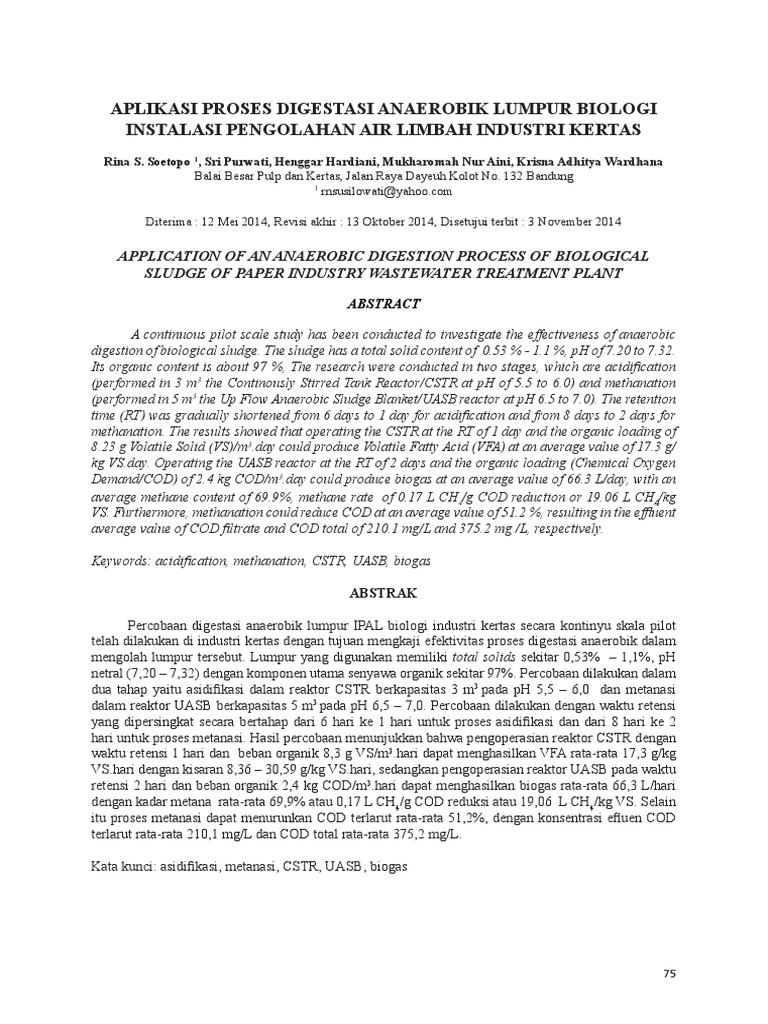 Aplikasi Proses Digestasi Anaerobik Lumpur Biologi Instalasi Pengolahan Air Limbah Industri ...