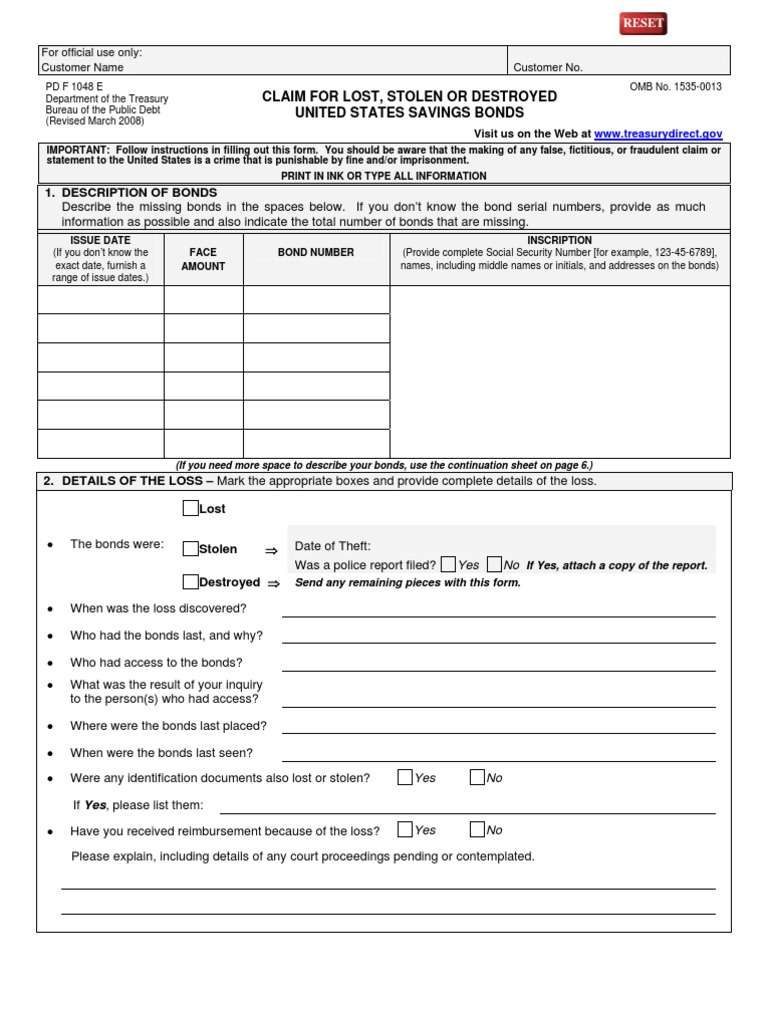 Claim For Lost, Stolen or Destroyed United States Savings Bonds | PDF ...