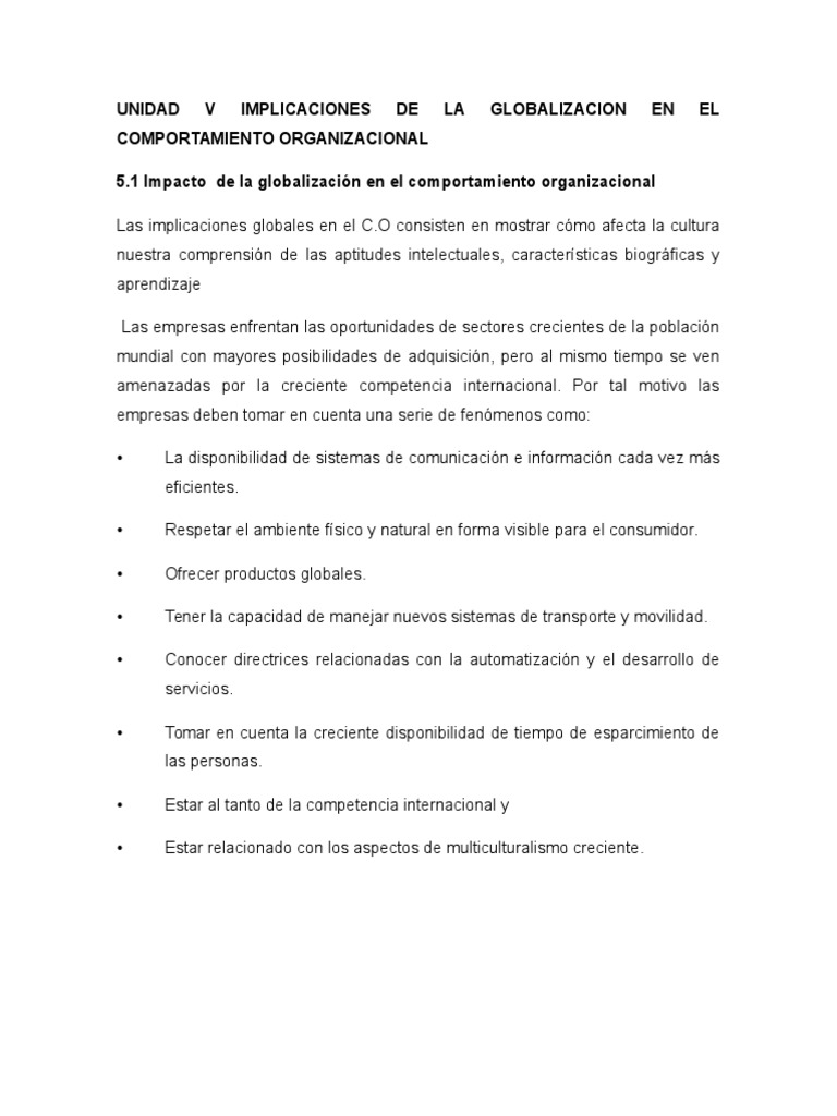 Unidad 5 Implicaciones de La Globalizacion | PDF | Comportamiento organizacional | Cognición