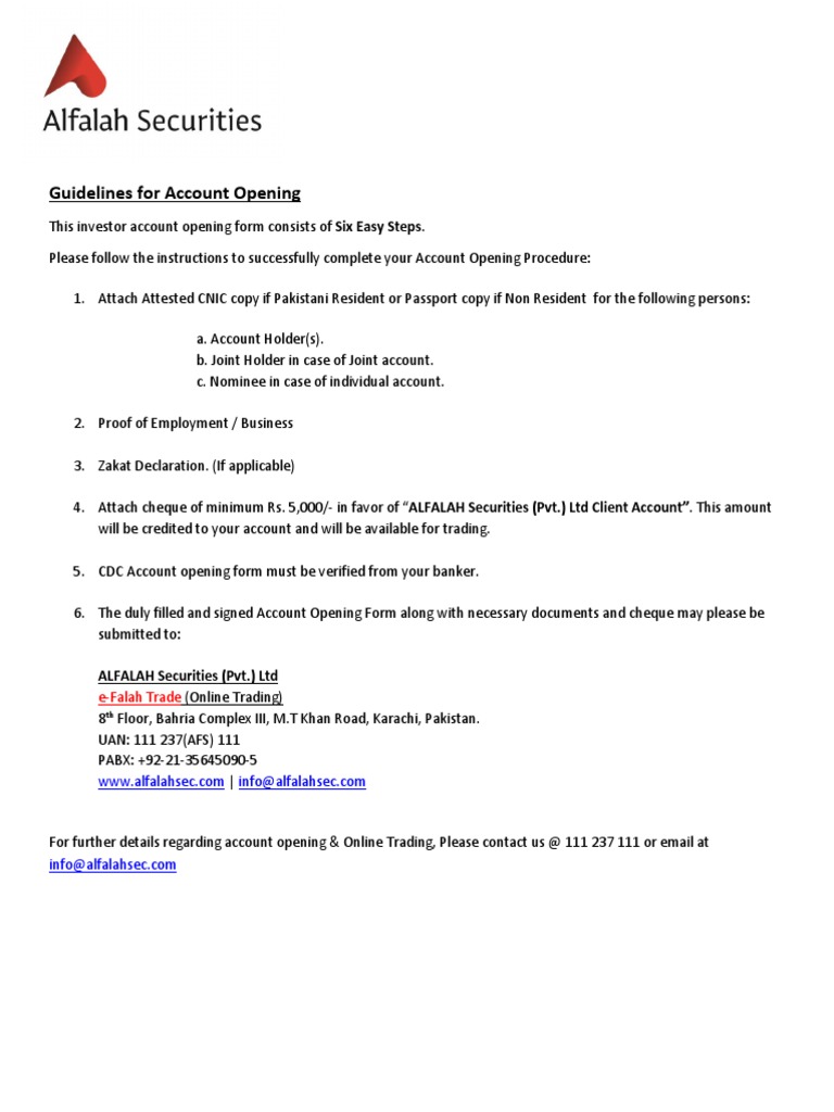 Alfalah Securities Account Opening Guide | PDF | Cheque | Securities ...