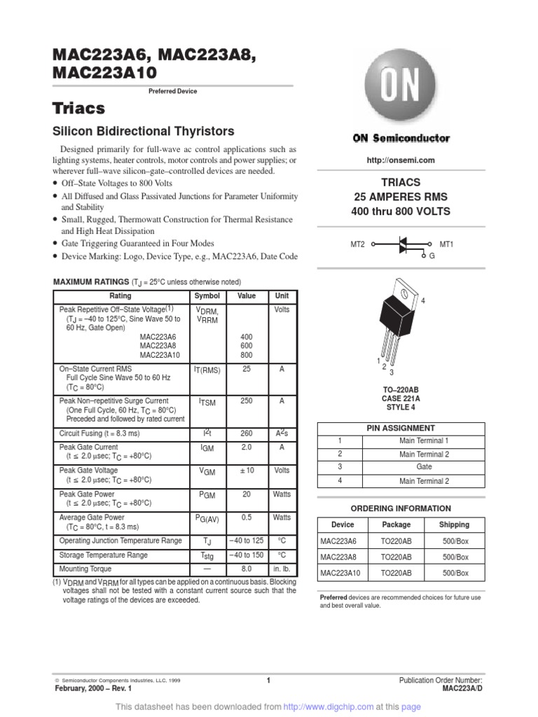 MAC223A6, MAC223A8, MAC223A10 Triacs: Silicon Bidirectional Thyristors ...