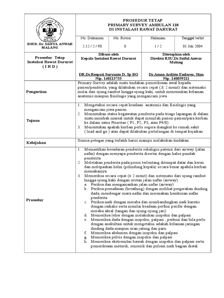 Primary Survey Ambulan 118, Sop | PDF