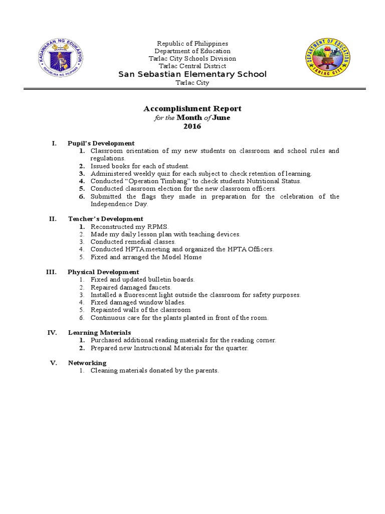 Accomplishment Report: San Sebastian Elementary School | PDF ...