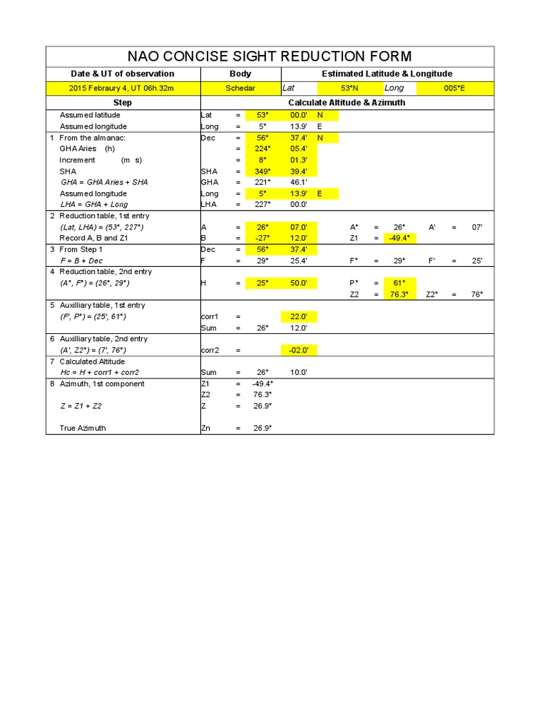 Nao Concise Sight Reduction Form: Date & UT of Observation Body ...