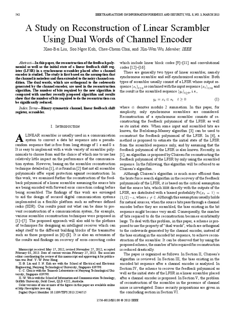 A Study On Reconstruction of Linear Scrambler Using Dual Words of Channel Encoder | PDF | Matrix ...