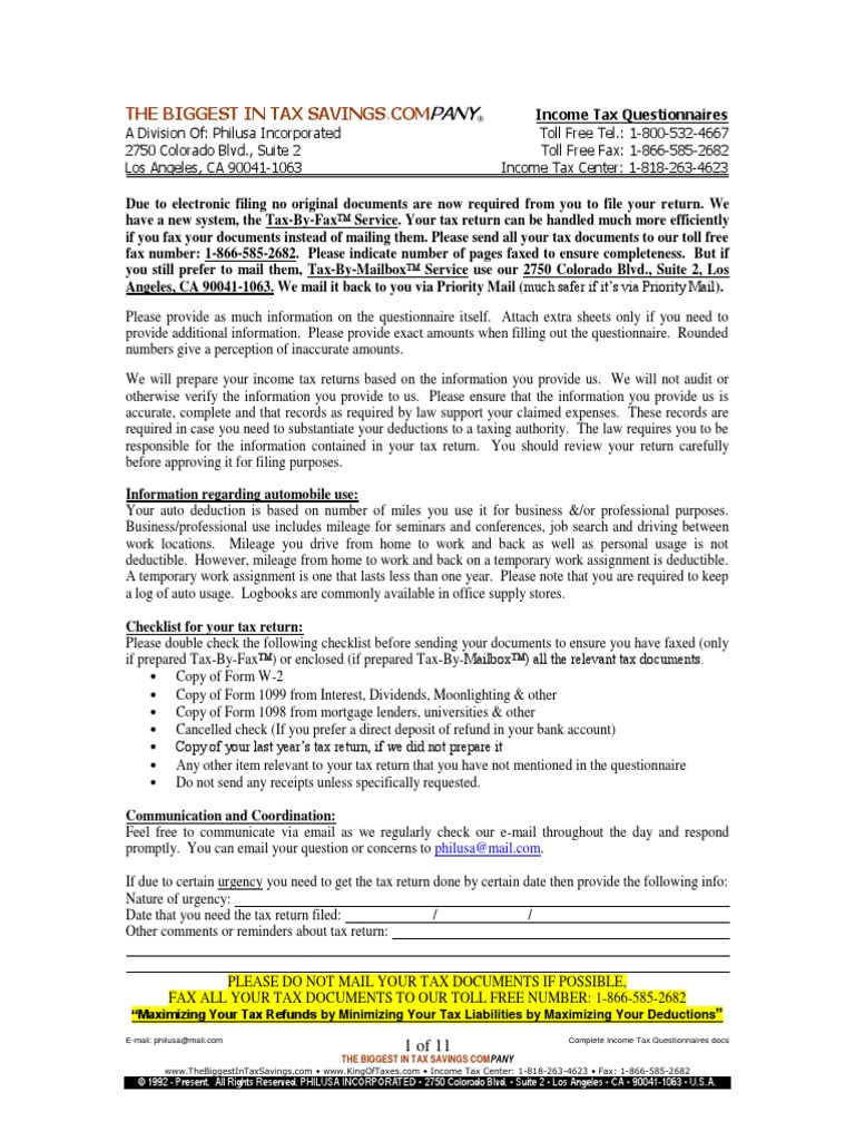Complete Income Tax Questionnaires | PDF | Tax Refund | S Corporation