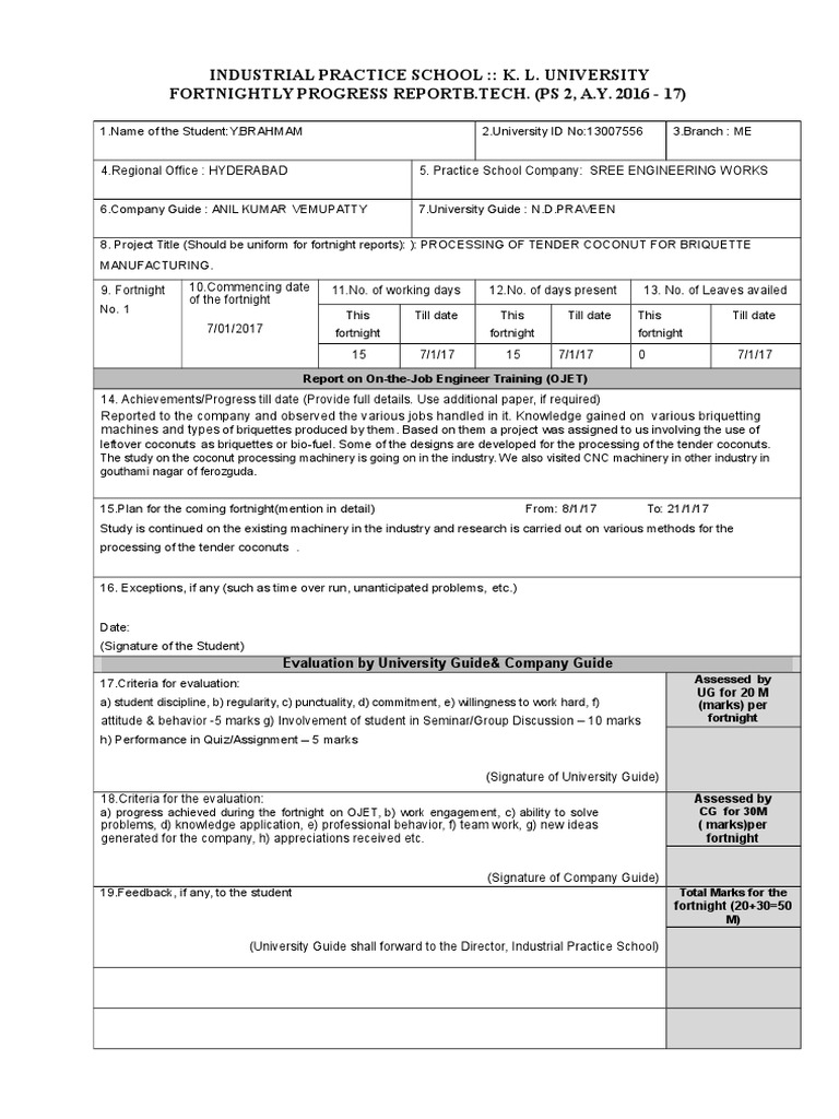 B.Tech Progress Report: Coconut Briquette Project | PDF