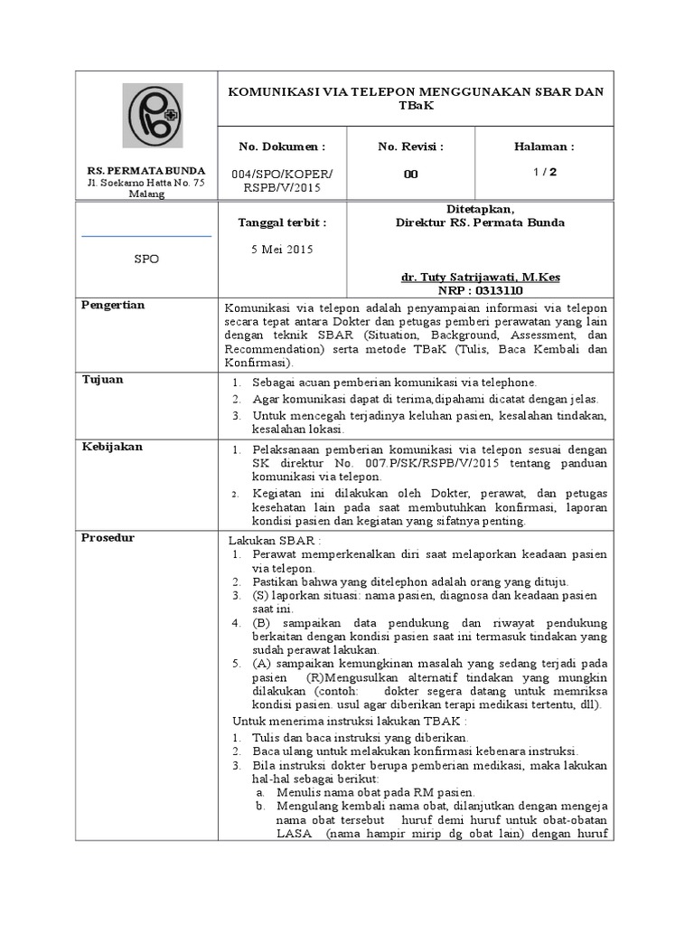 SPO Komunikasi Efektif DGN Menggunakan SBAR Dan Read Back TGL 2 ...