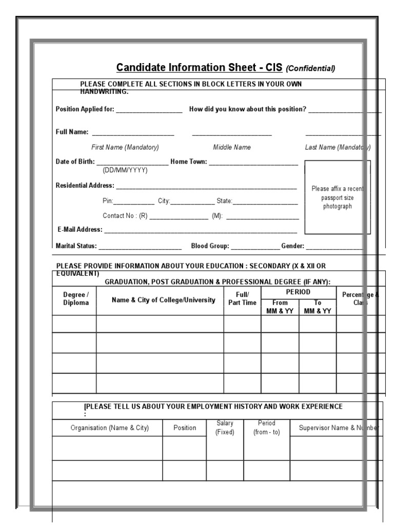 Candidate Information Sheet Template | PDF