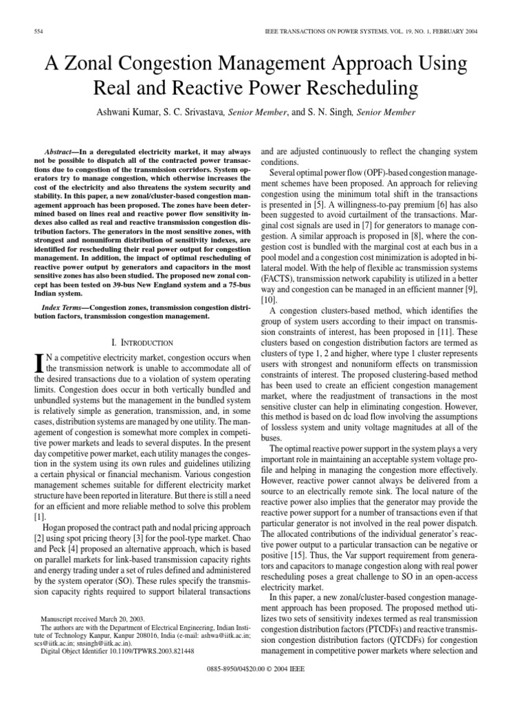 A Zonal Congestion Management Approach Using Real And Reactive Power Rescheduling Pdf Ac