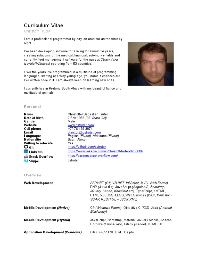 Curriculum Vitae of Experienced Programmer and Amateur Astronomer | PDF | Angular Js | Java Script