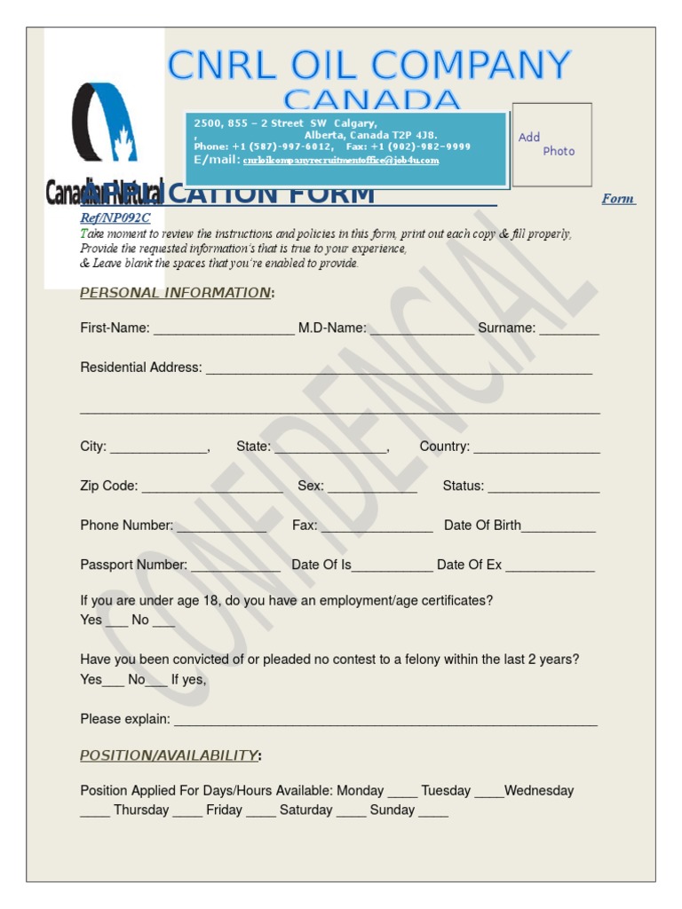 CNRL Job Application Form.. | PDF | Labour | Employment