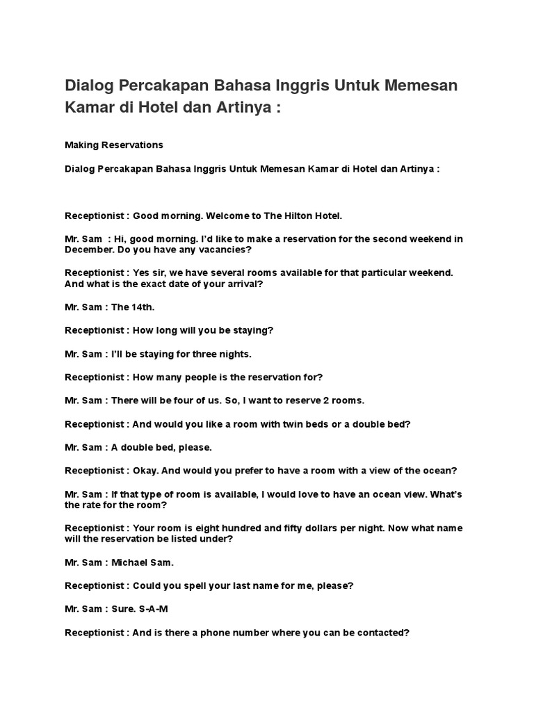 Dialog Percakapan Bahasa Inggris Untuk Memesan Kamar Di Hotel Dan ...