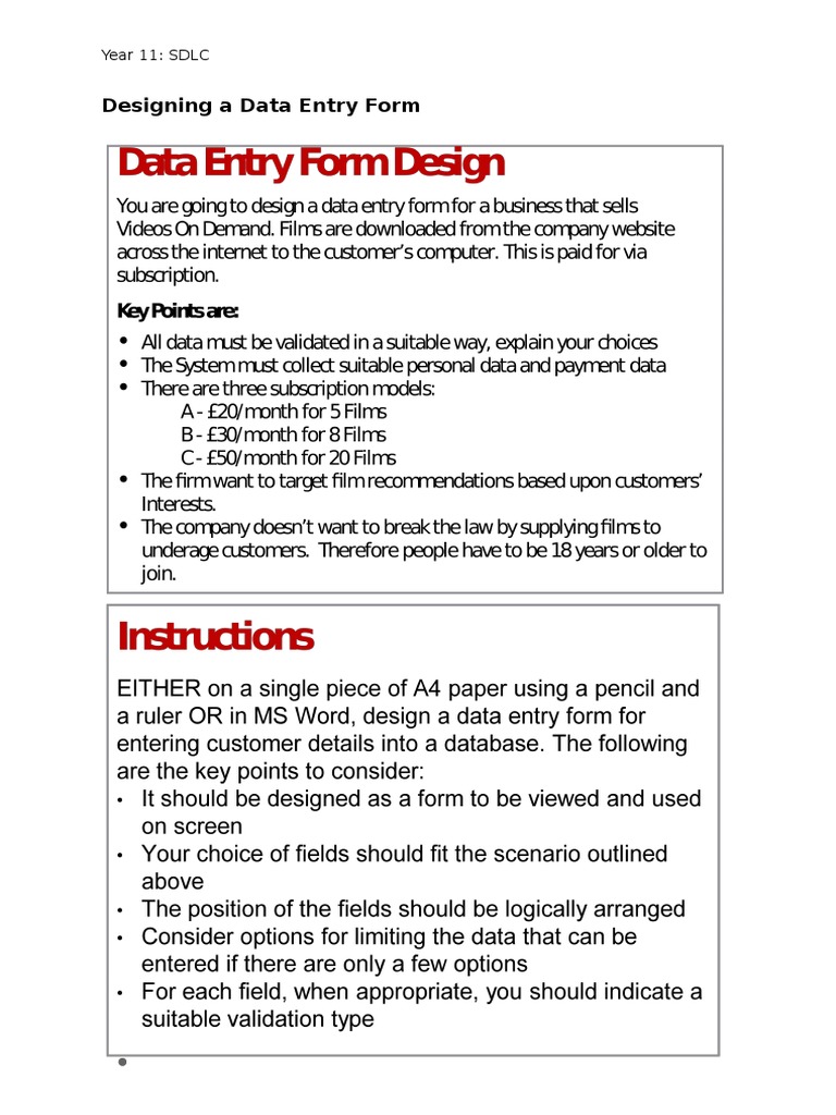 Year 11: SDLC Data Entry Form Design | PDF